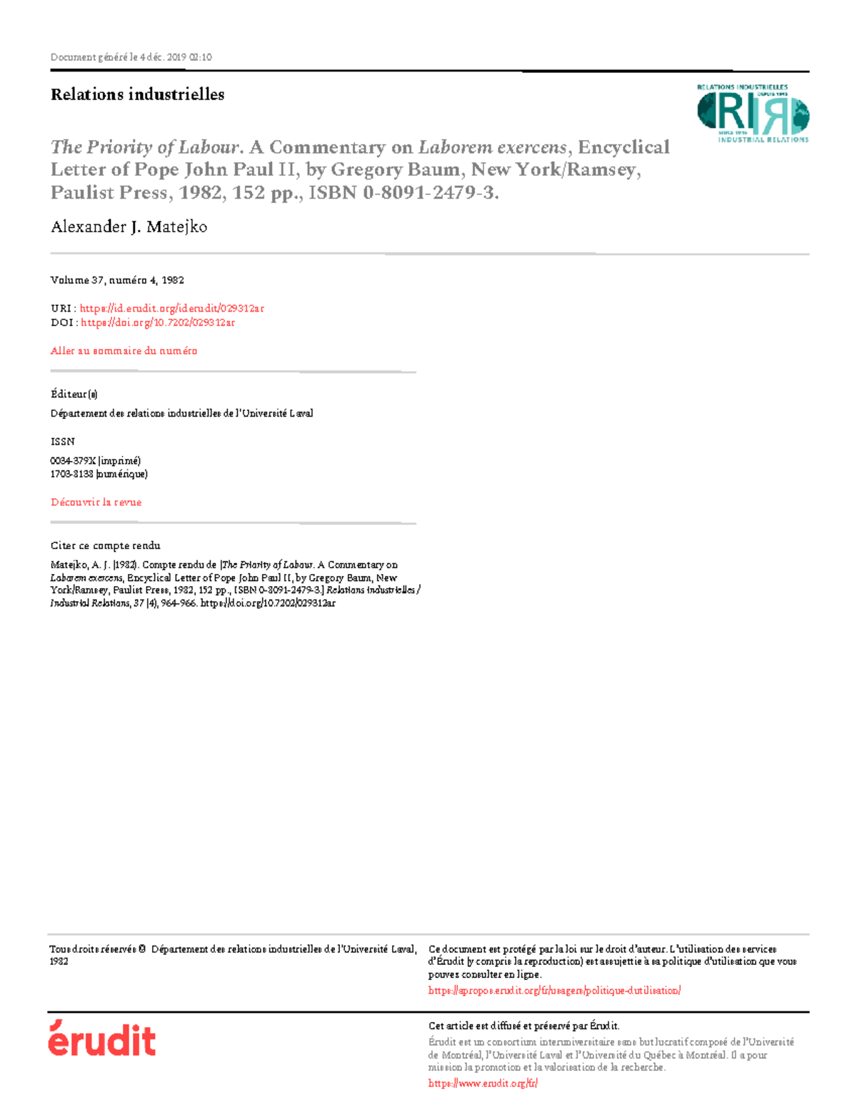 The Priority of Labour. A Commentary on Laborem exercens, Encyclical ...