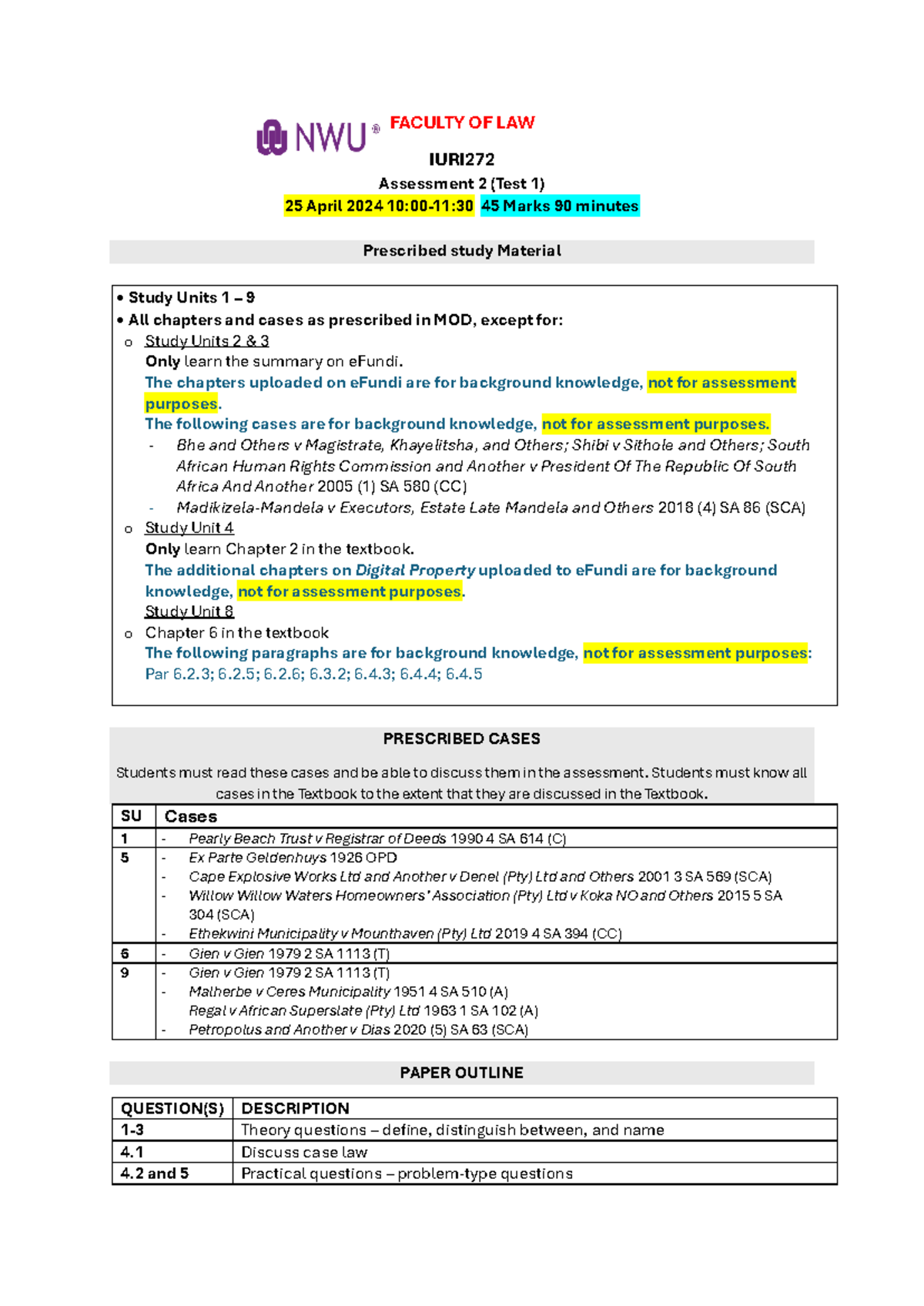 Information IURI272 Assessment 2 Test 1 - FACULTY OF LAW IURI ...