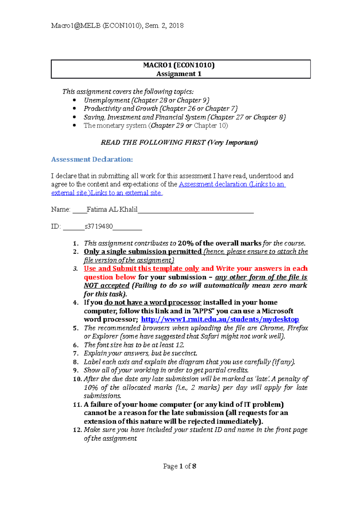 Macro assignment 1 - Macro1@MELB (ECON1010), Sem. 2, 2018 MACRO1 ...