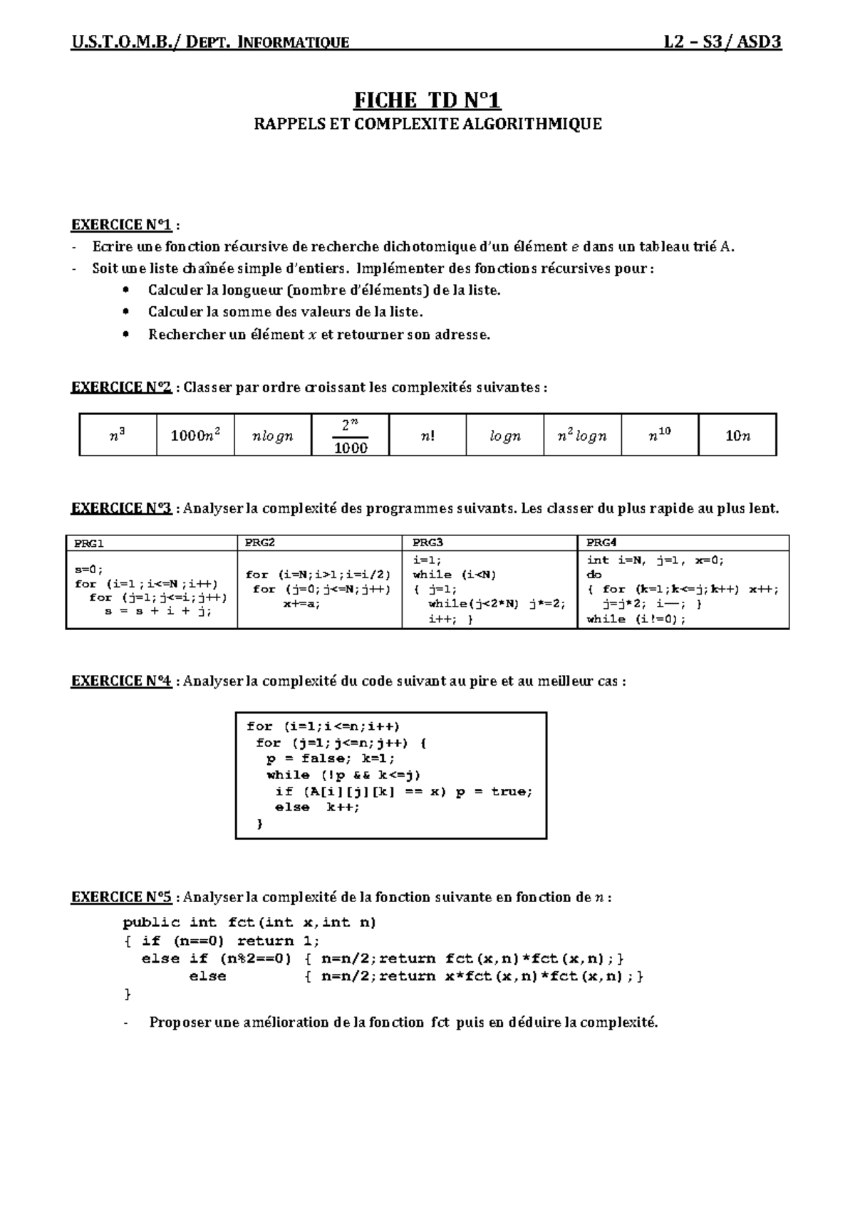 TD1 RAPPELS ET COMPLEXITE ALGORITHMIQUE - FICHE TD N° RAPPELS ET COMPLEXITE ALGORITHMIQUE ...