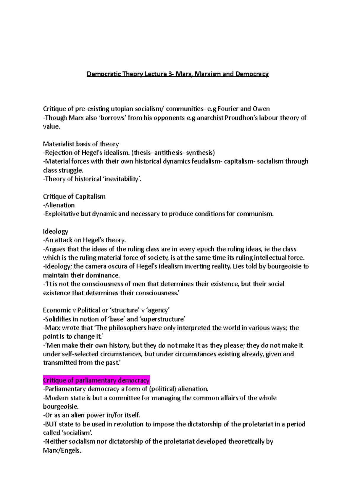 Lecture 3-marx - Democratic Theory Lecture 3- Marx, Marxism and ...