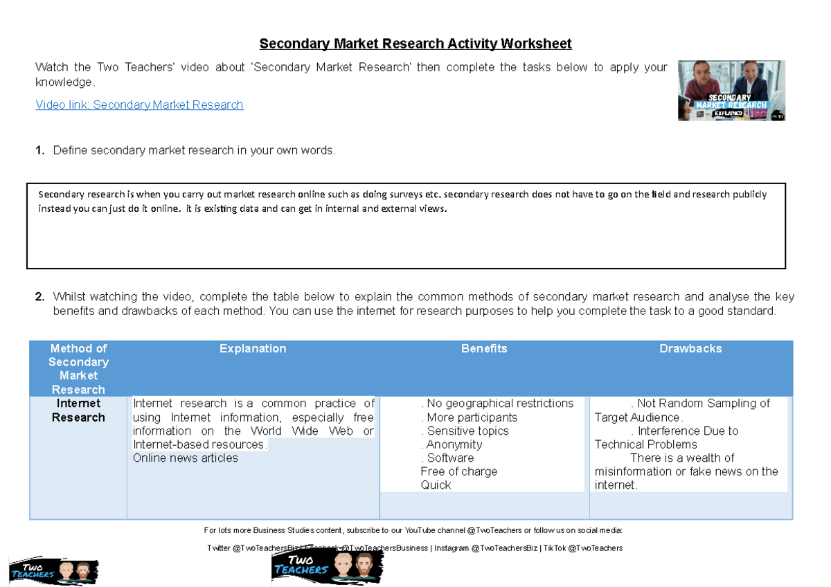 Secondary Market Research Activity Worksheet - Video link: Secondary ...