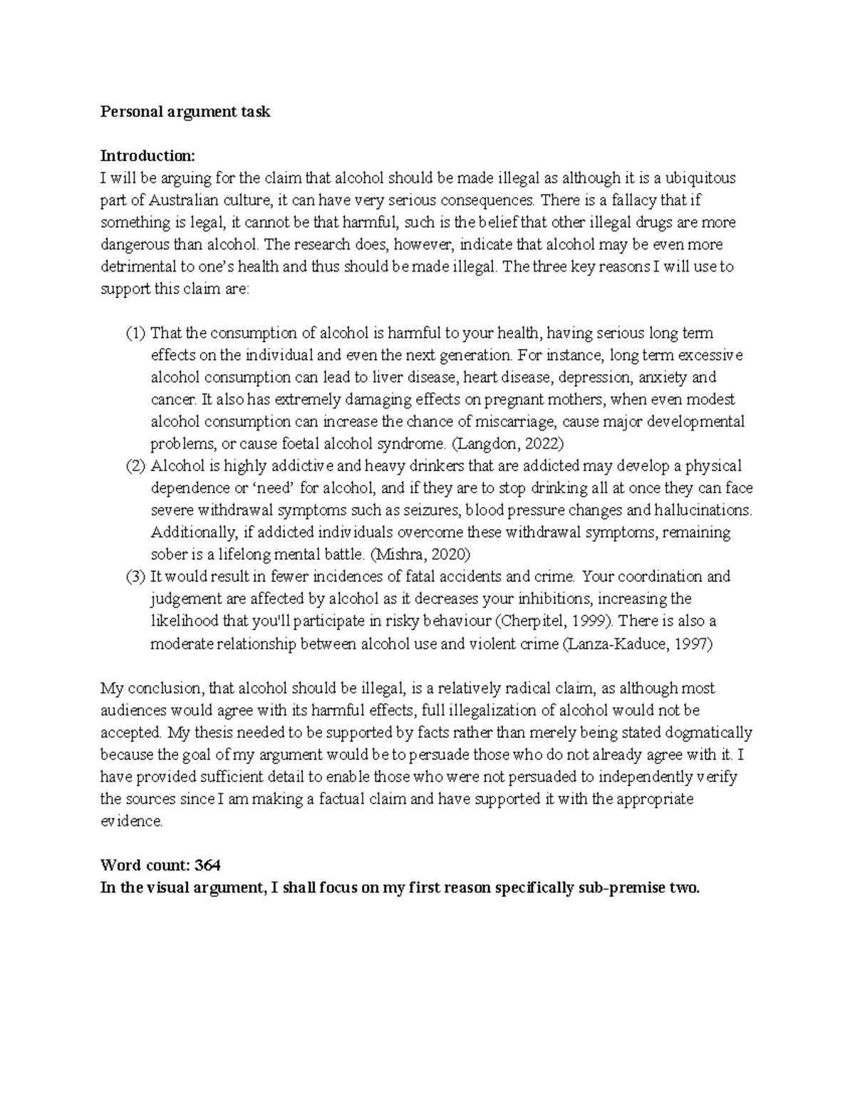 Personal argument task PHIL1037 - Personal argument task Introduction ...