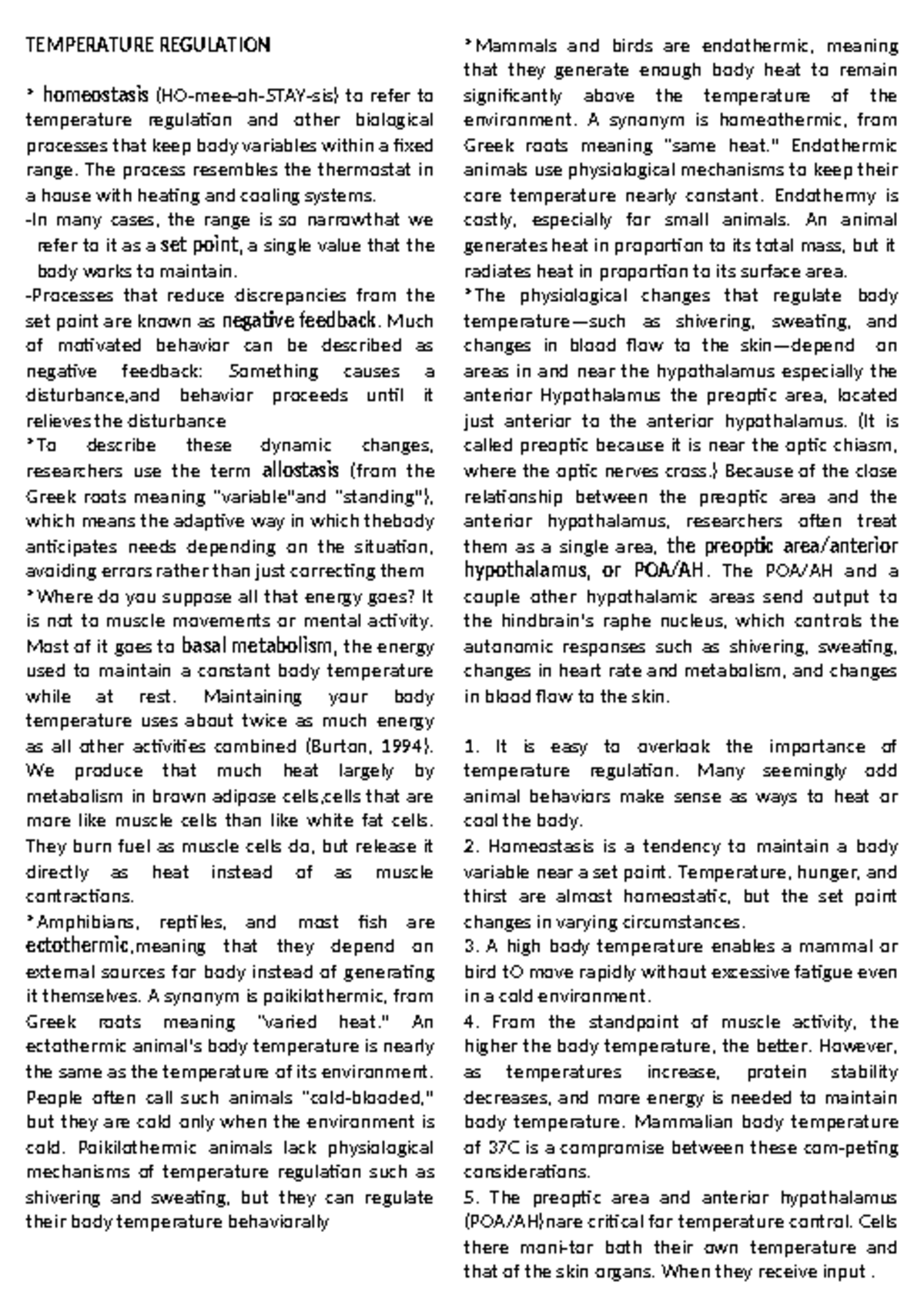 Reviewer physiopsych Final Tempregulation - TEMPERATURE REGULATION * homeostasis - Studocu