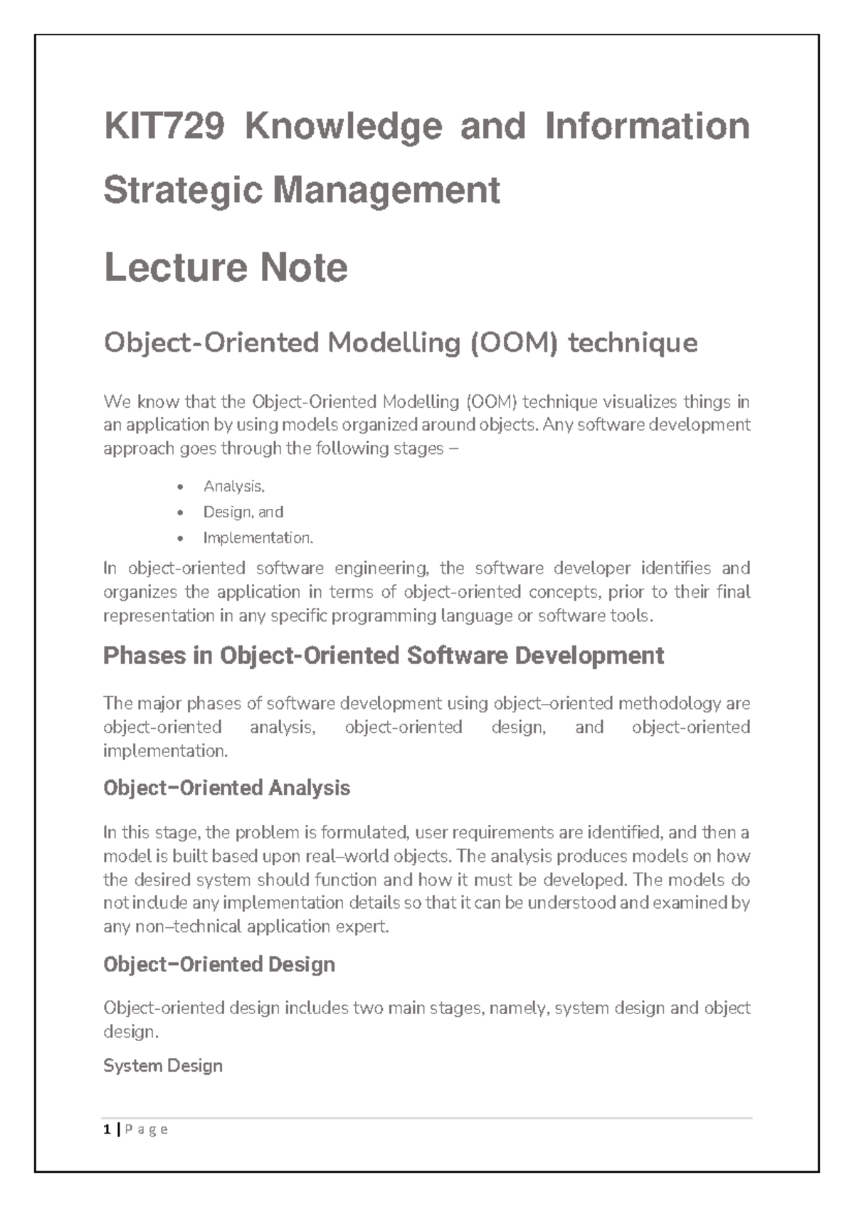 KIT729 Knowledge and Information Strategic Management Object-Oriented ...