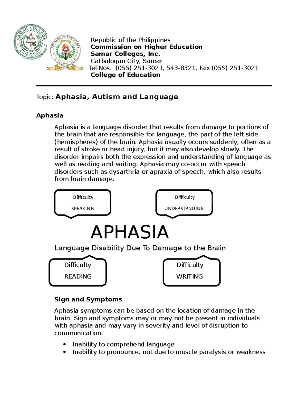 English 404- Handout - about aphasia, autism and language - Republic of ...