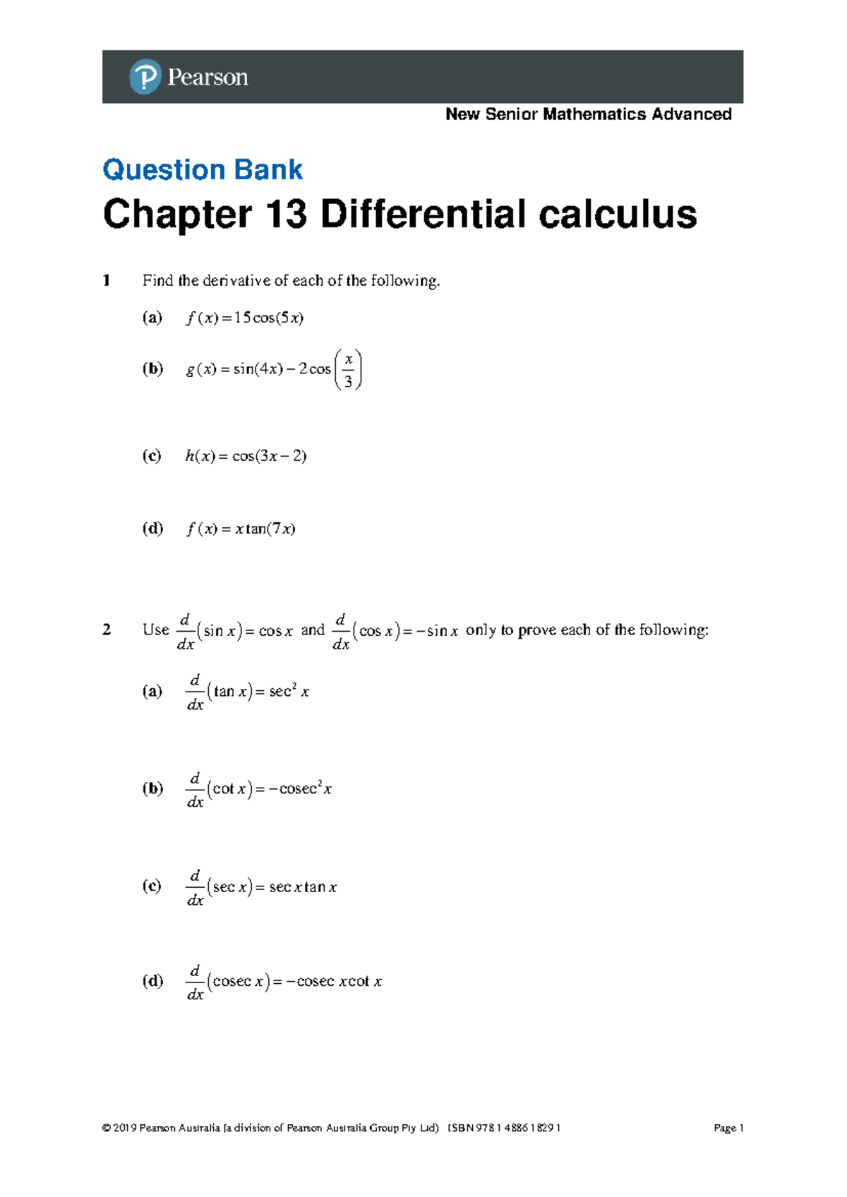 Ch13 Differential Calculus - Question Bank Chapter 13 Differential calculus 1 Find the ...
