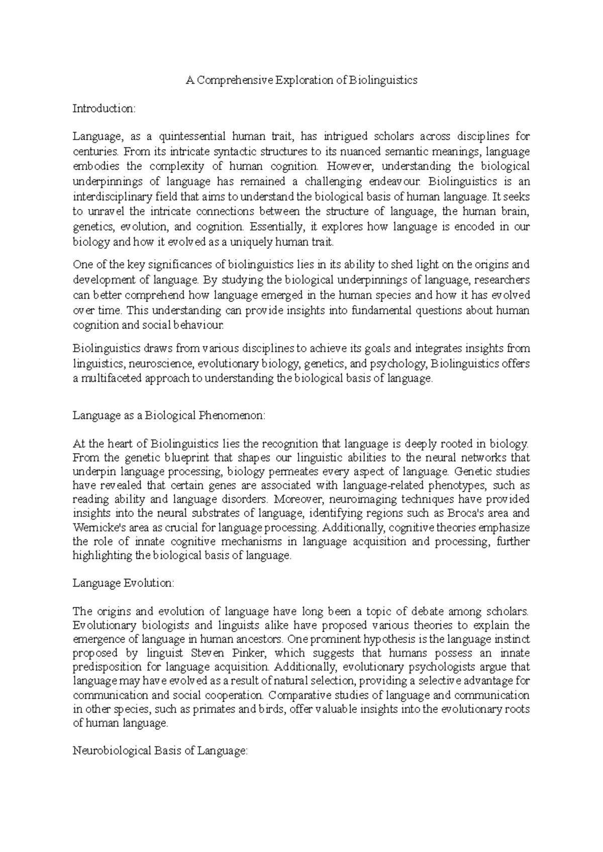 Biolinguistics - Summary M A English Language and Literature - A ...