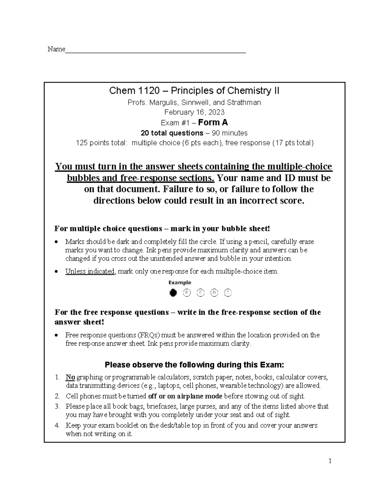 CHEM1120 Exam 1 S23 Form A - 1 Name_________________________________________________ Chem 1120 ...