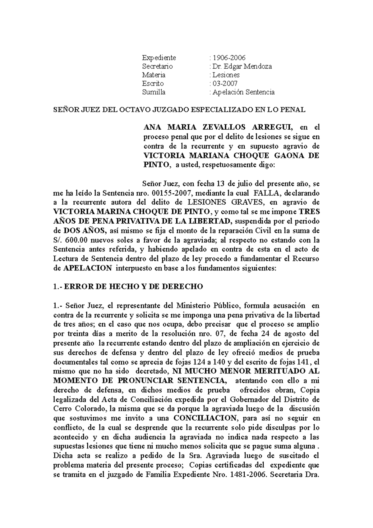 Ana Zevallos A. Apelación - Expediente : 1906- Secretario : Dr. Edgar ...