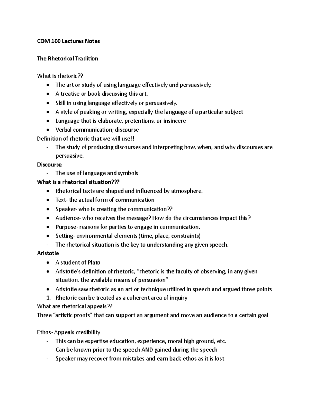COM 100 Lectures Notes - COM 100 Lectures Notes The Rhetorical Tradi7on ...