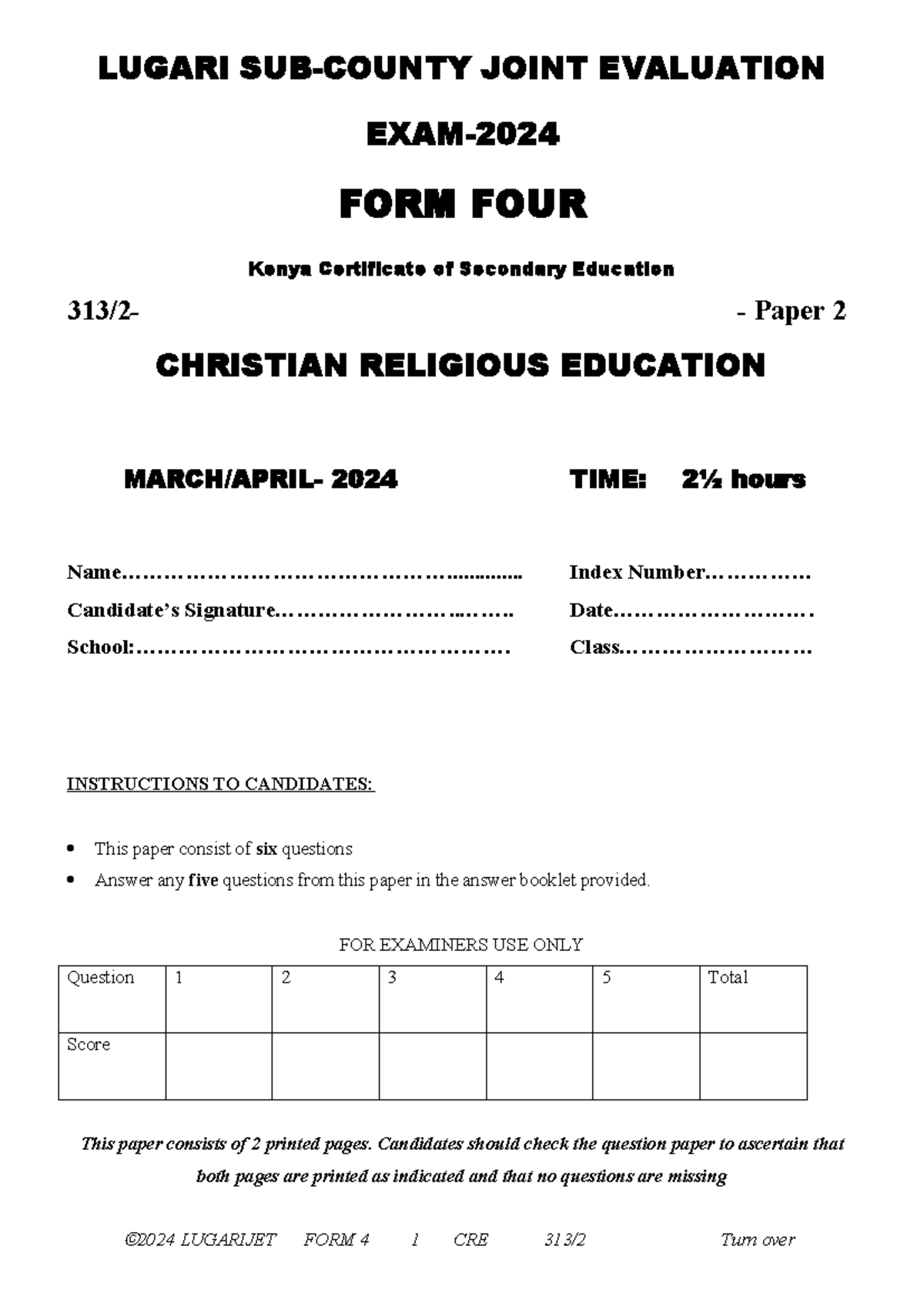 CRE PP2 QSN - Take Home Assignment - LUGARI SUB-COUNTY JOINT EVALUATION ...