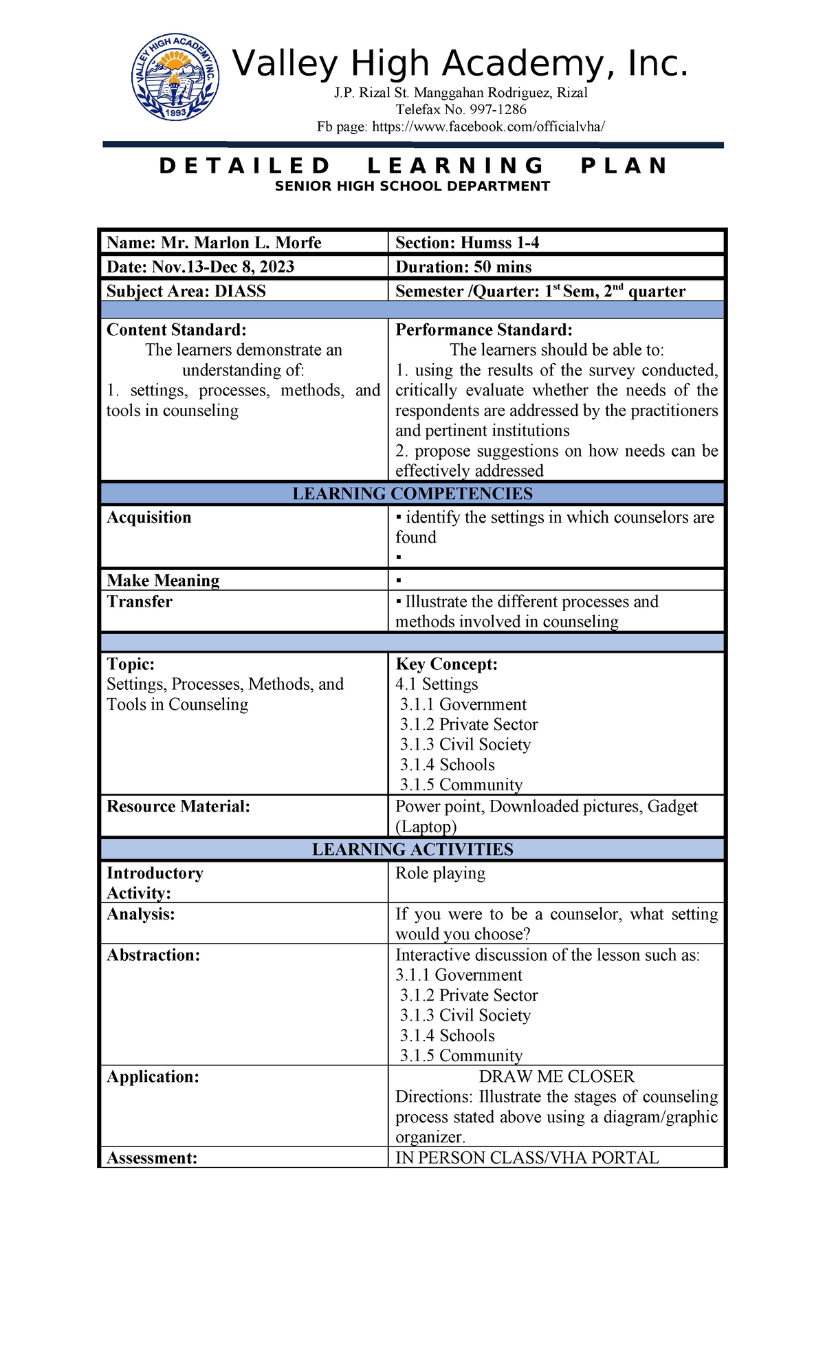 Diass DLP4 - Valley High Academy, Inc. J. Rizal St. Manggahan Rodriguez ...