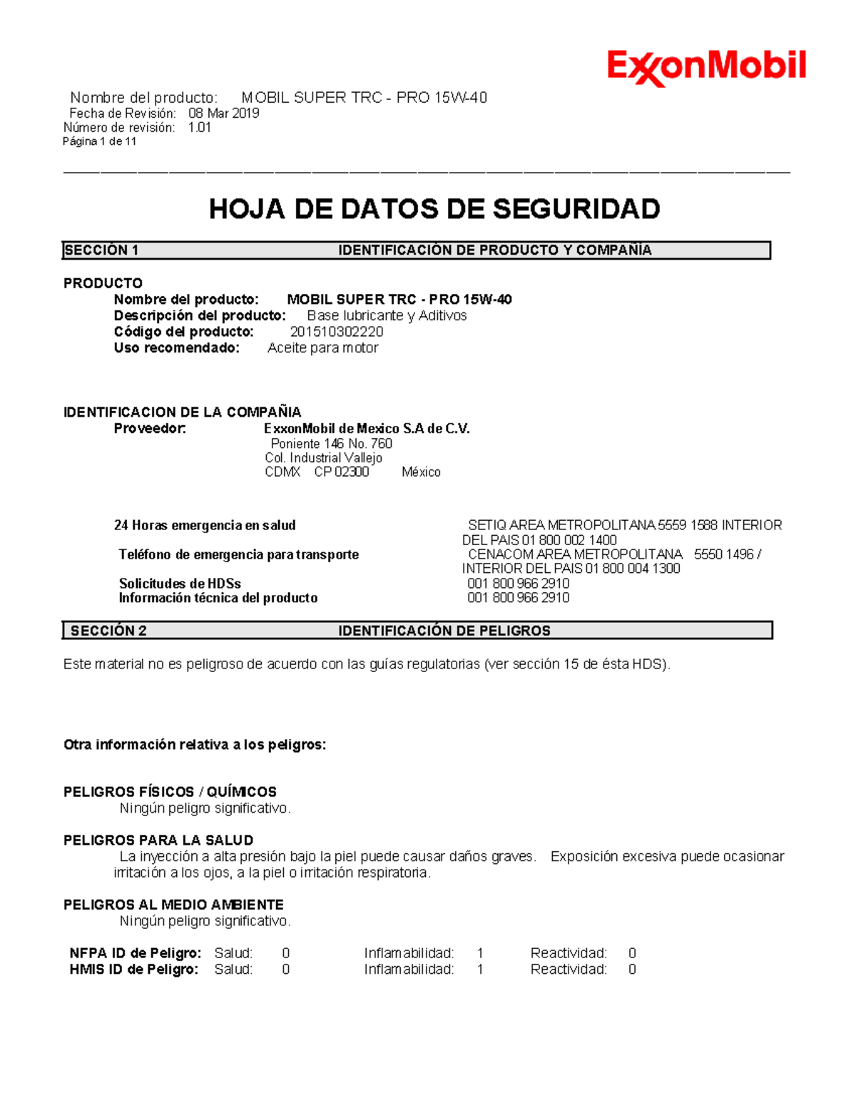 HOJA MSDS Aceite PARA Motor 15W40 - Fecha de Revisión: 08 Mar 2019 ...