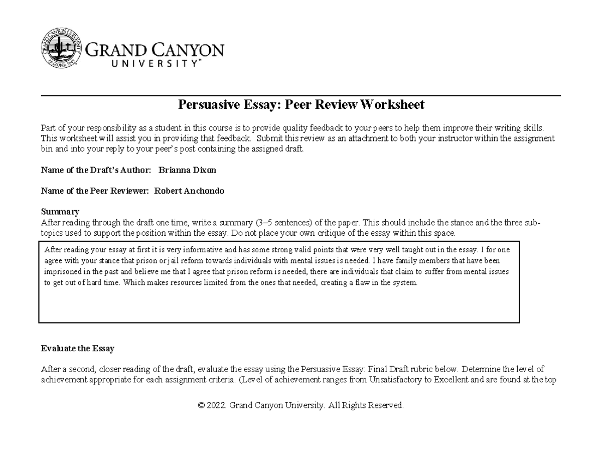 PHI-105 T-6 Persuasive Essay Peer Review Worksheet - Persuasive Essay ...