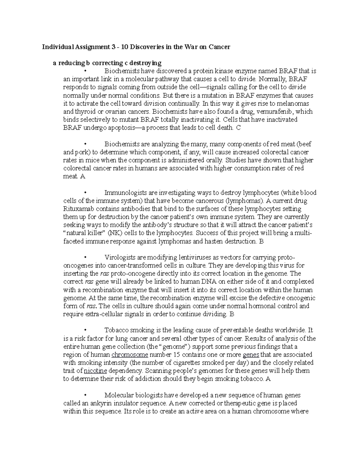 Individual Assignment 3-10 Discoveries in the War on Cancer ...