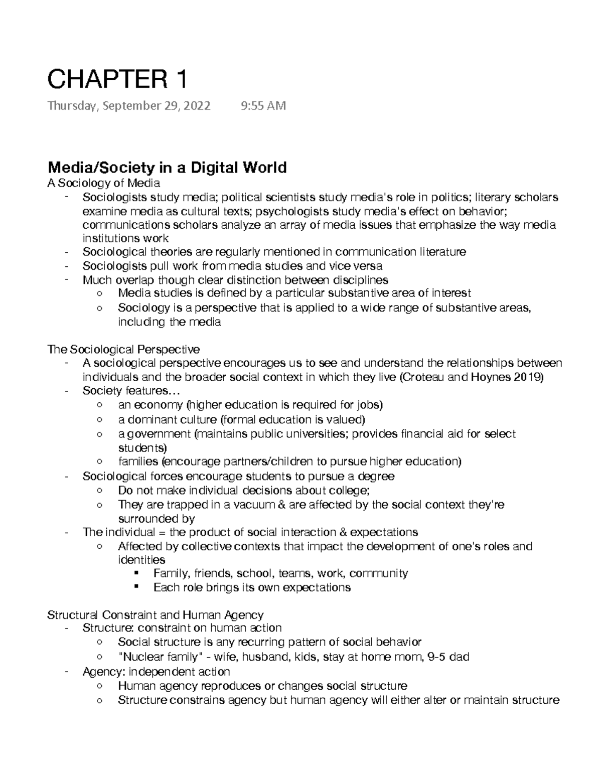 J201 CH1 Notes - Media/Society in a Digital World A Sociology of Media ...