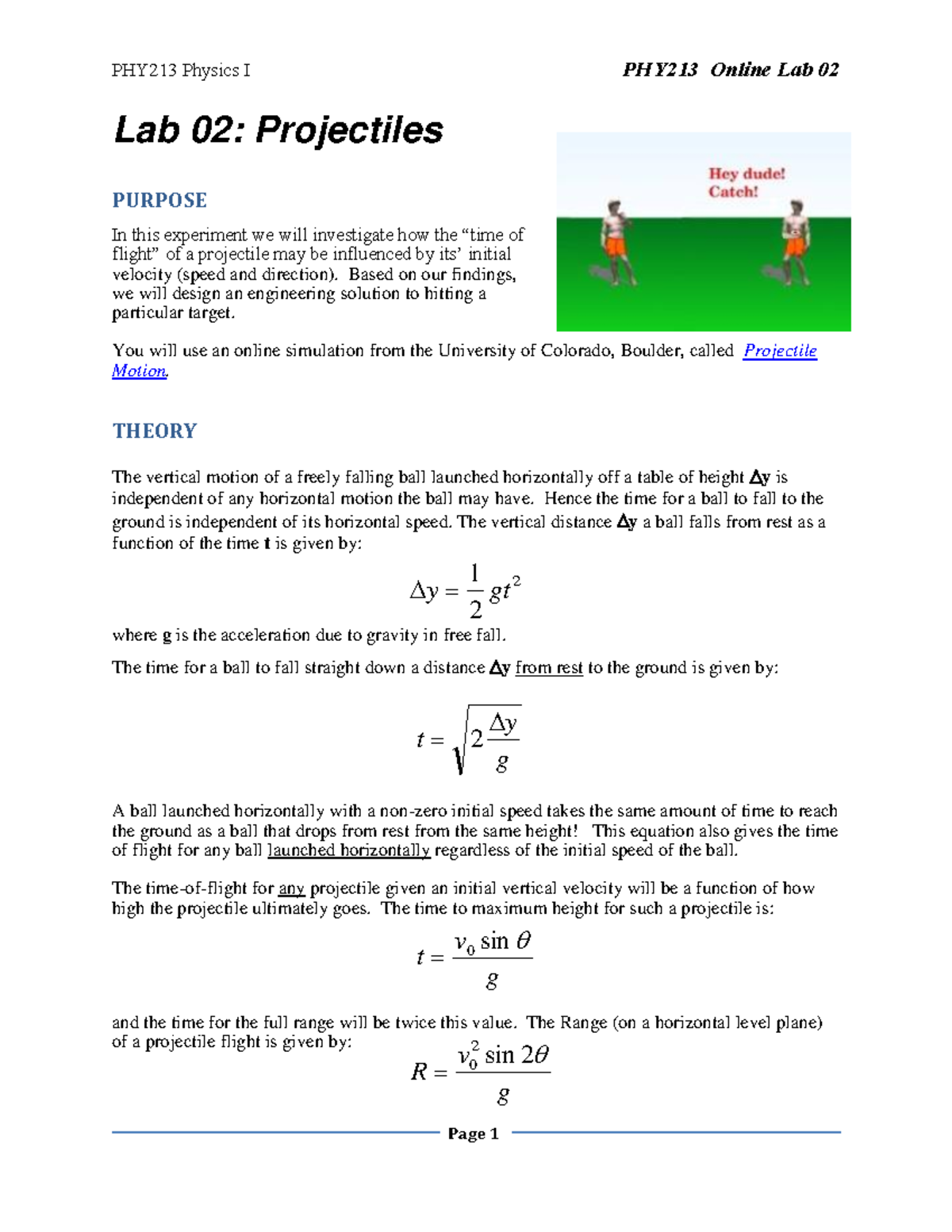 PHY213 Online Lab 02 Projectiles 2021 - PHY213 Physics I PHY213 Online ...