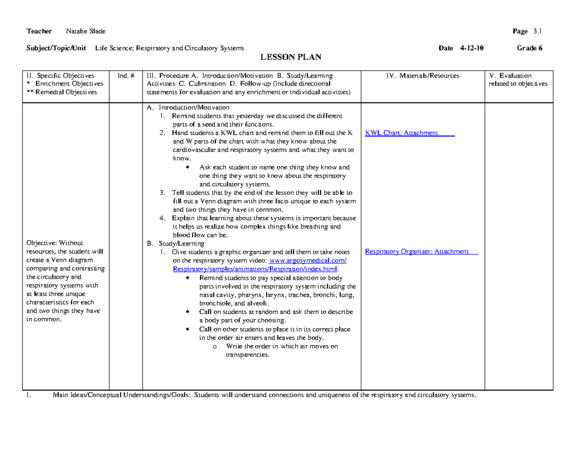 CEL 318-Respiratory and Circulatory System by Natalie Slade - Teacher ...