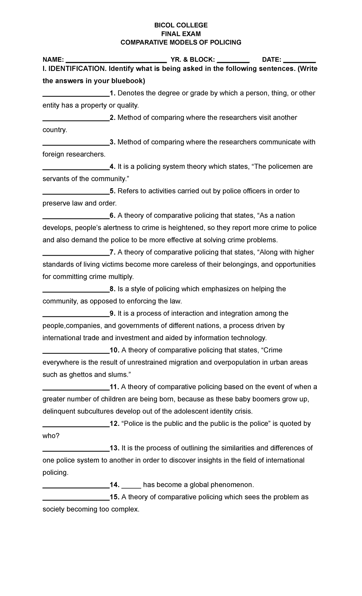 Final EXAM - Comparative Models OF Policing - Block M - Level II ...