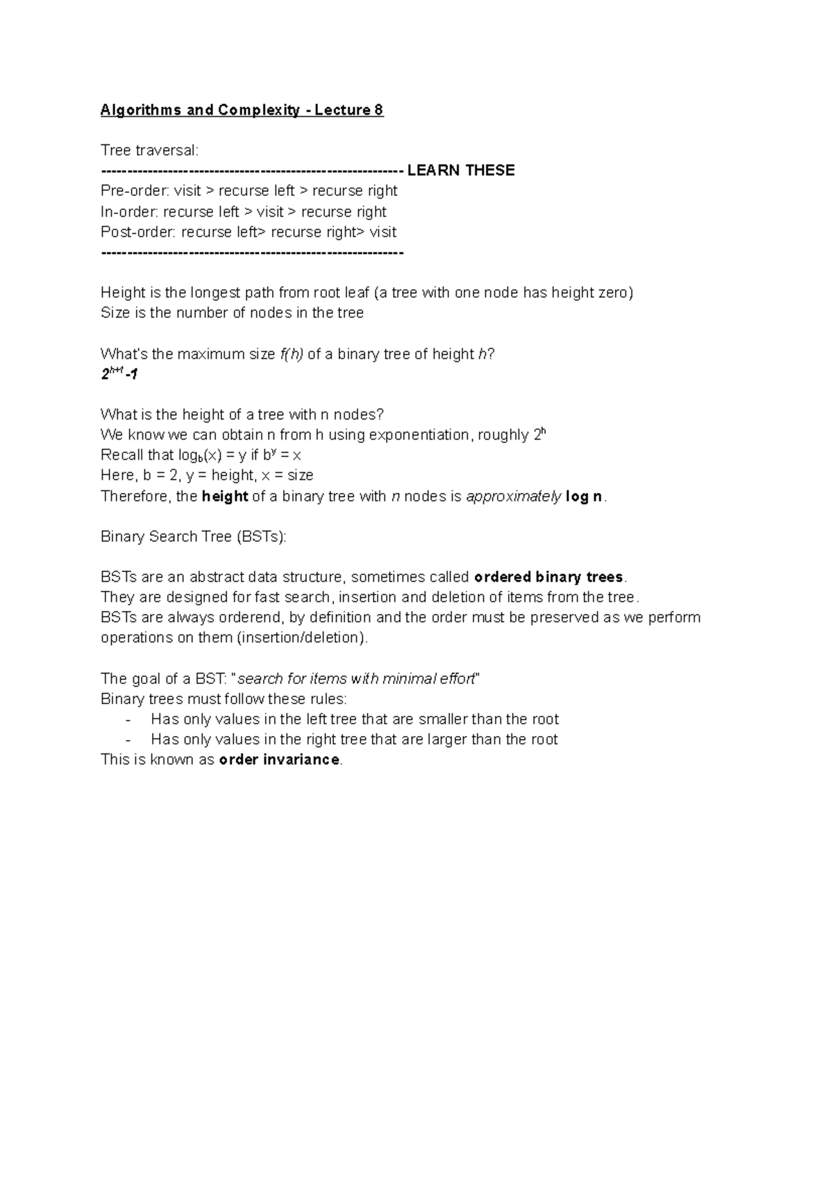 Algorithms And Complexity Lecture 8 Binary Search Tree Bsts Bsts 9070