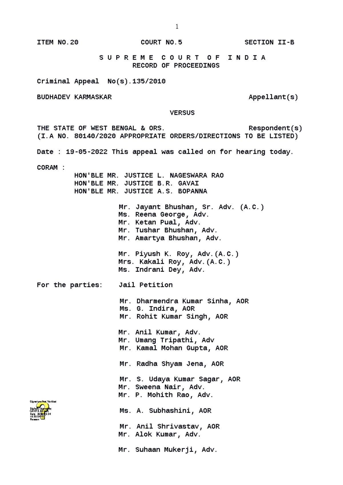 Budhadev Karmaskar vs State of West Bengal - ITEM NO COURT NO SECTION ...