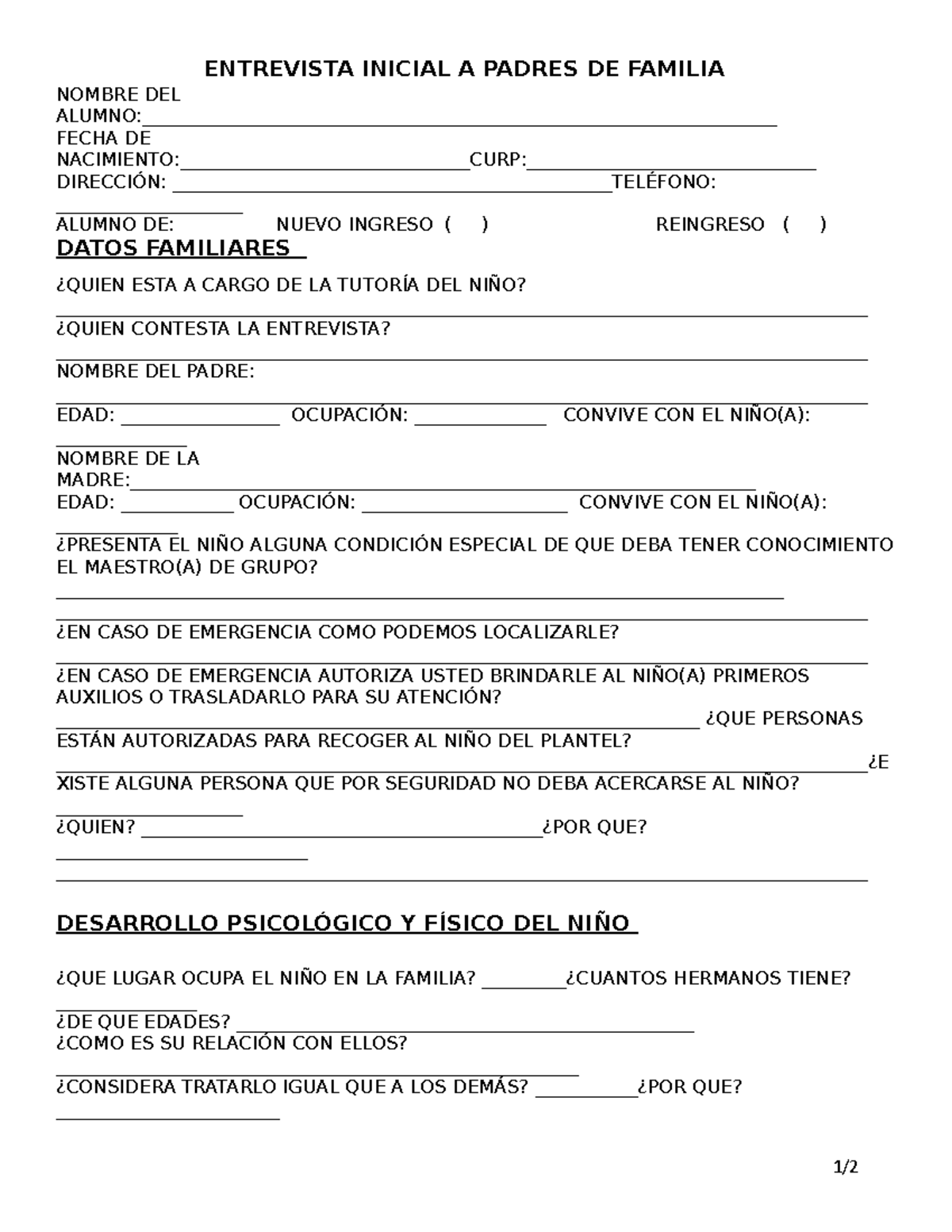 Entrevista Inicial a Padres de Familia - Psicología Escolar - Studocu