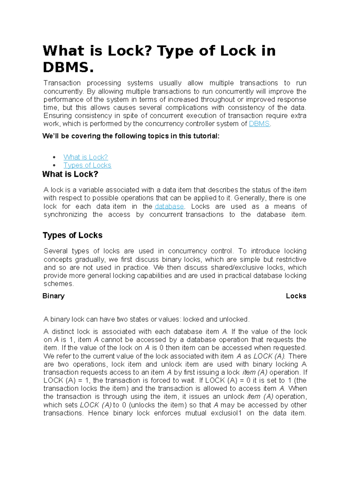ADVANCED DATABASE MANAGEMENT SYSTEM - What is Lock? Type of Lock in DBMS. Transaction processing ...