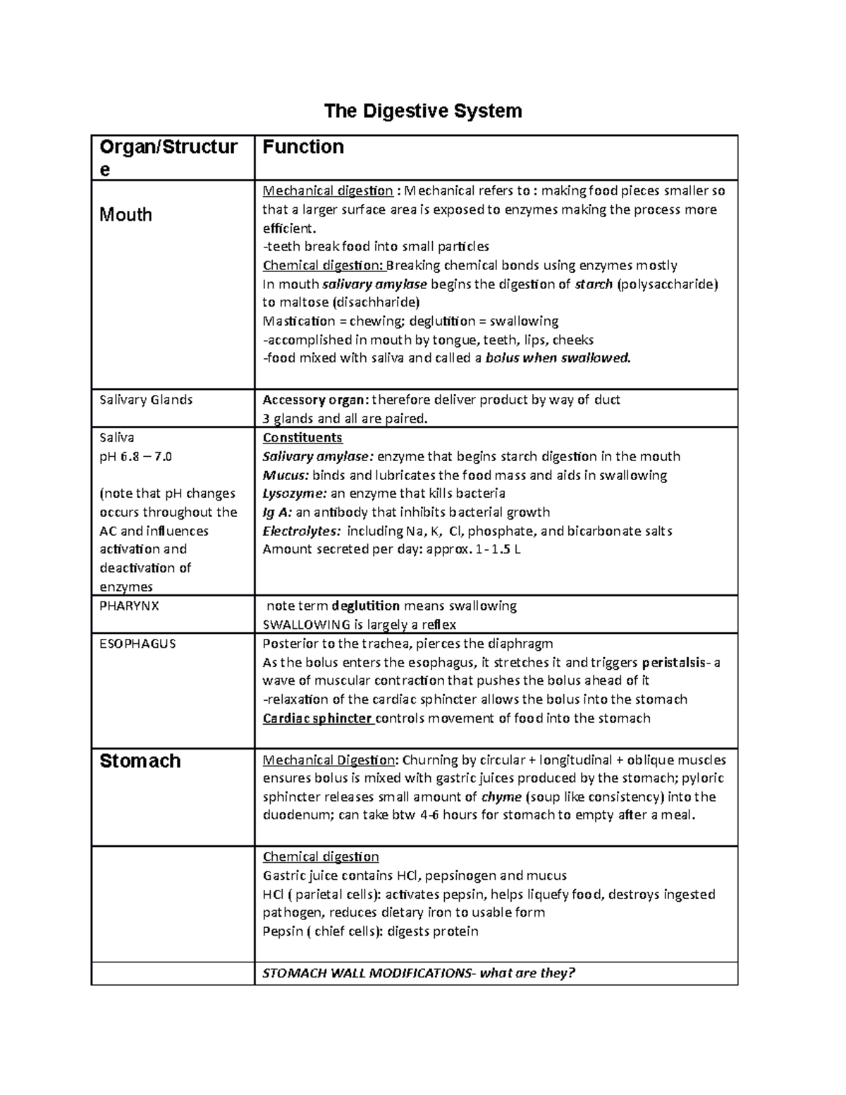 Digestive System Notes Mouth to Stomach - The Digestive System Organ ...