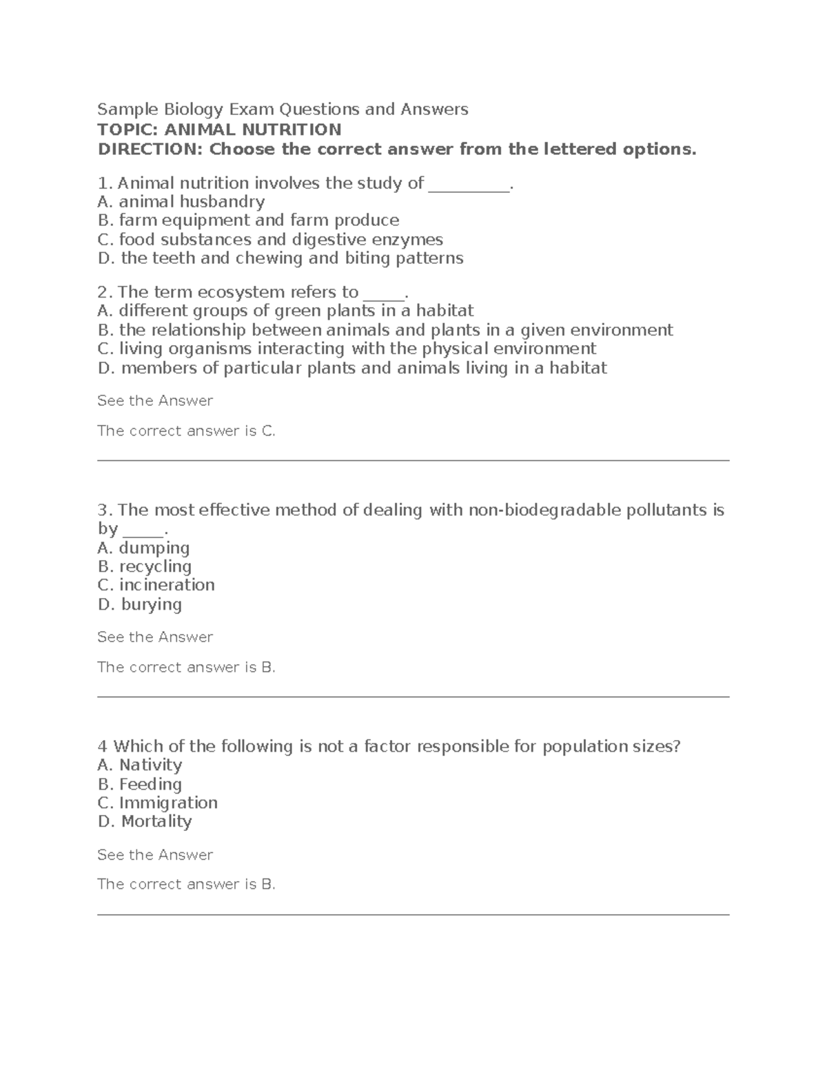 Document Help Sample Biology Exam Questions And Answers TOPIC