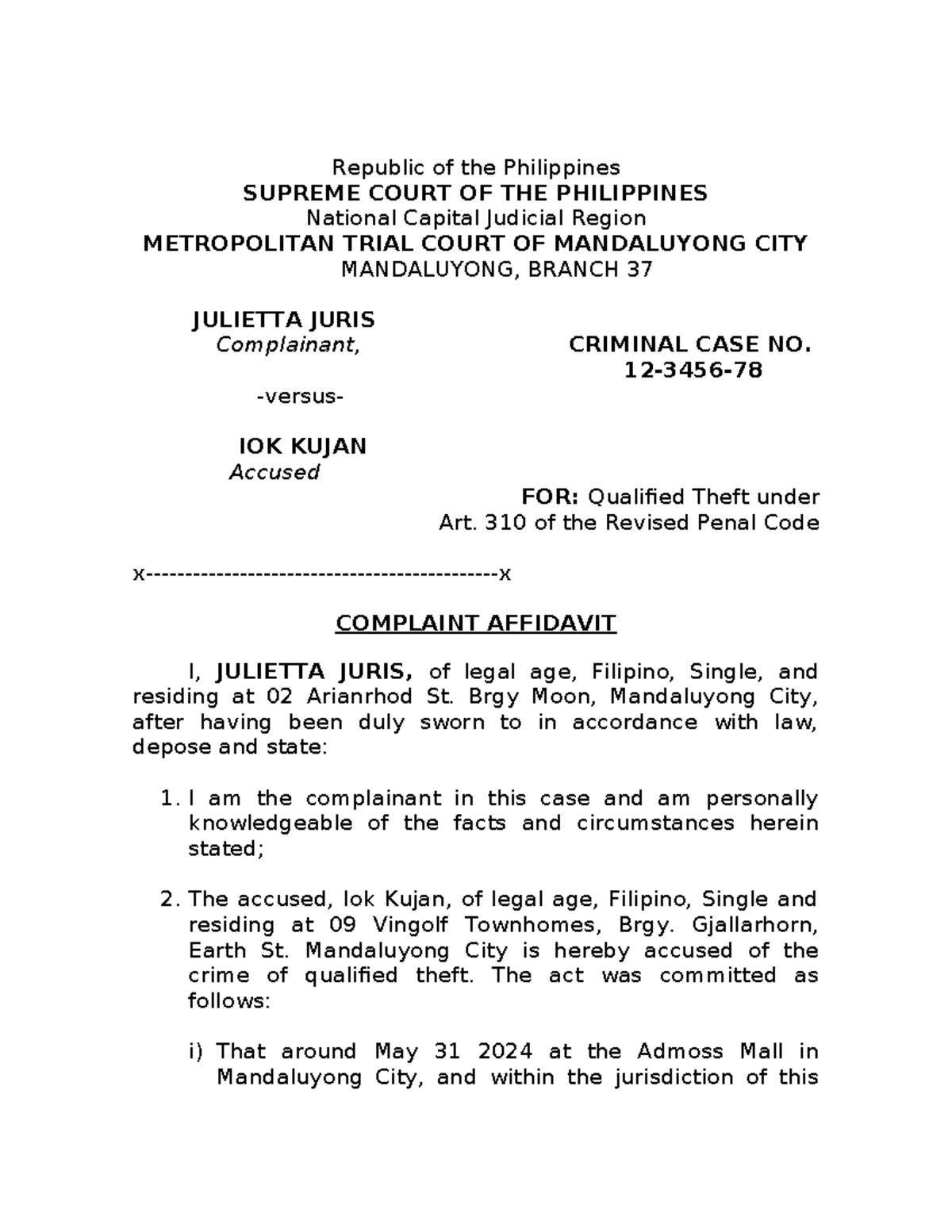 Legform Finals complaint affidavit - Republic of the Philippines SUPREME COURT OF THE ...