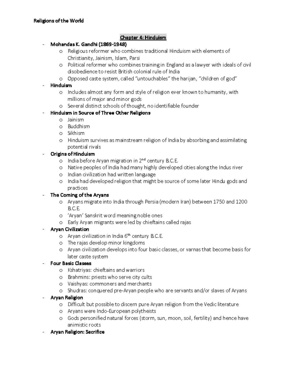 Religions of the World Notes Chapter 4 - Chapter 4 : Hinduism Mohandas ...