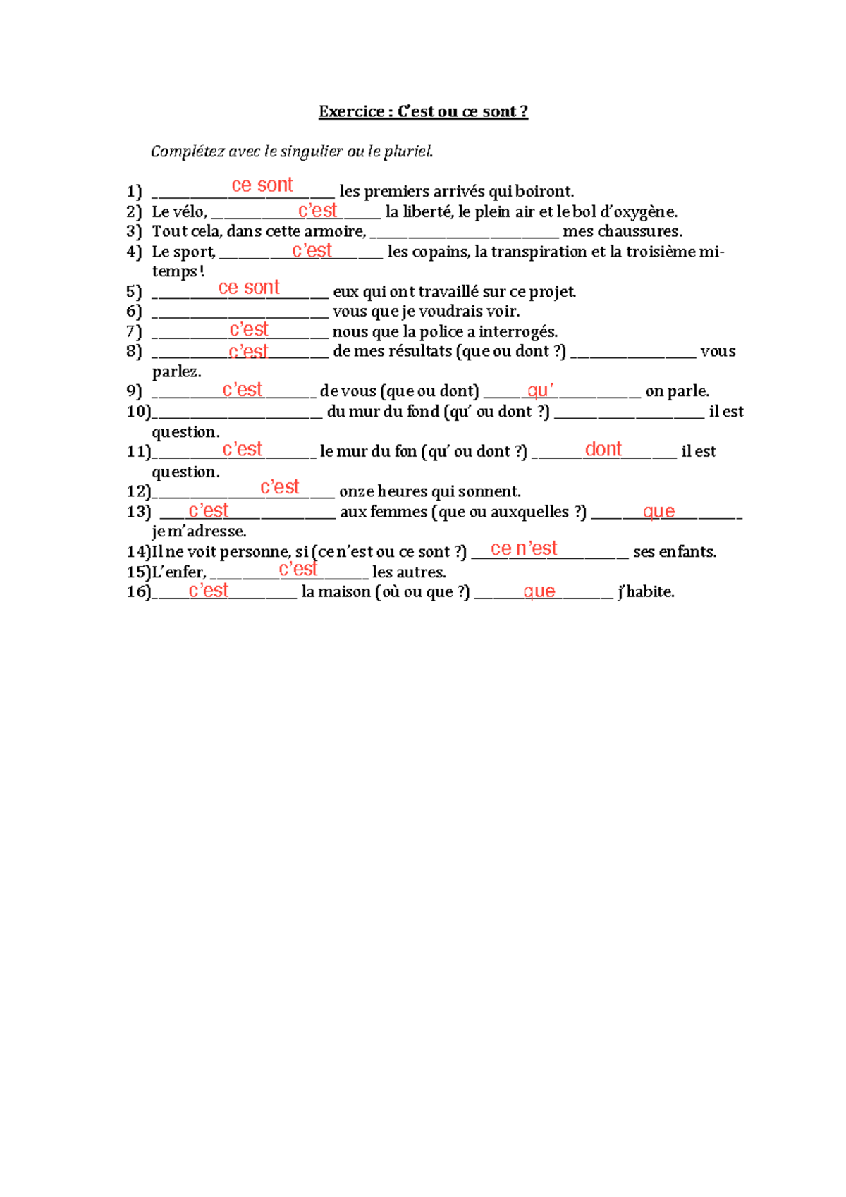 Exercice cest ce sont - exercice de français - Exercice : C’est ou ce ...