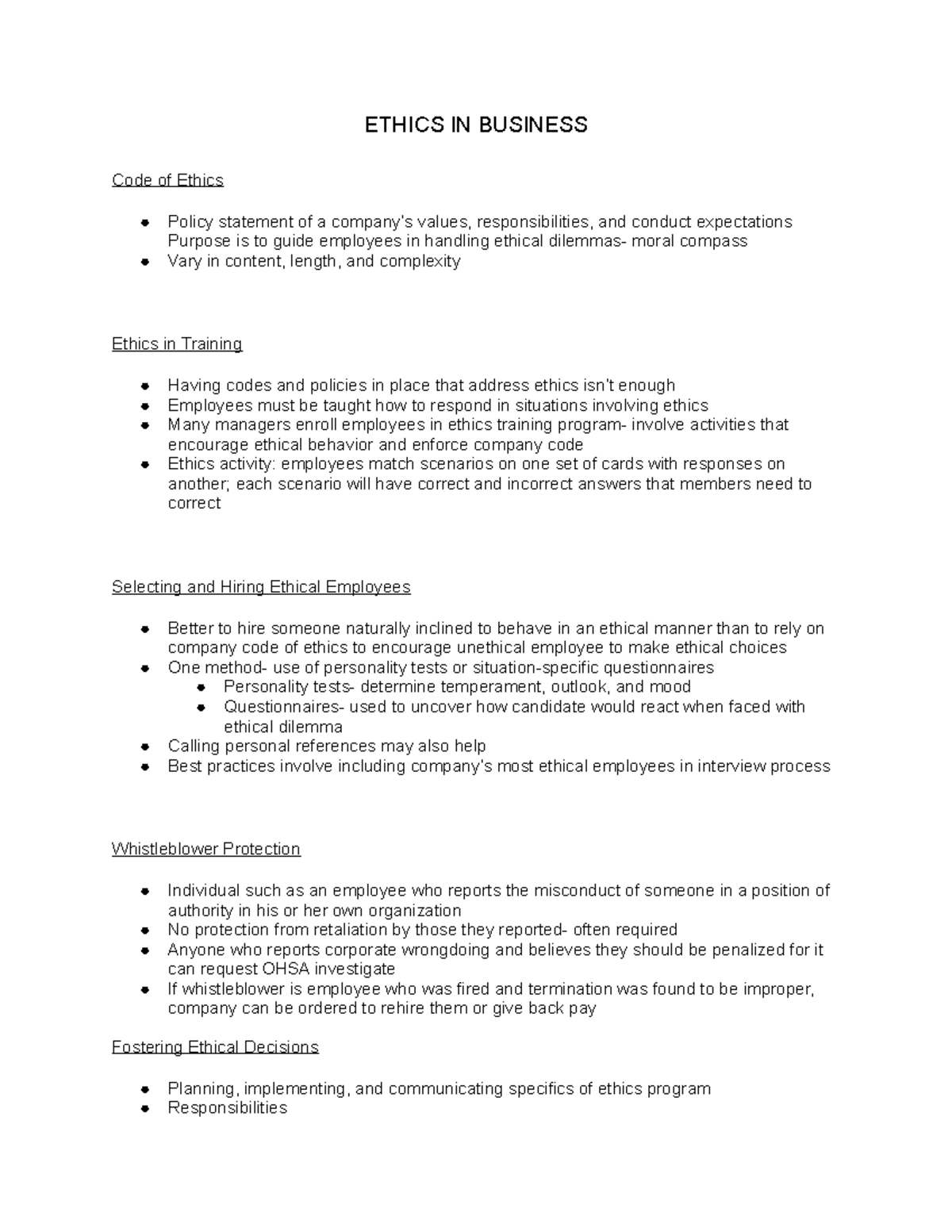 BUS 200 Notes Ethics in Business Part 2 - ETHICS IN BUSINESS Code of ...