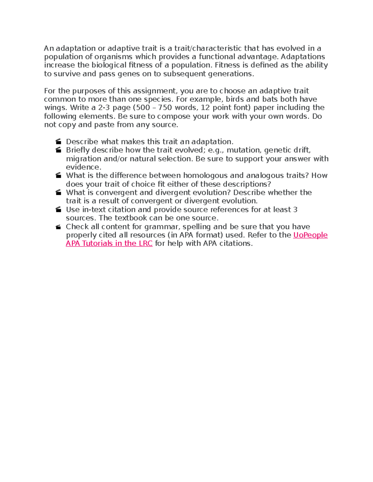 WA WEEK Seven - written assignment - An adaptation or adaptive trait is ...