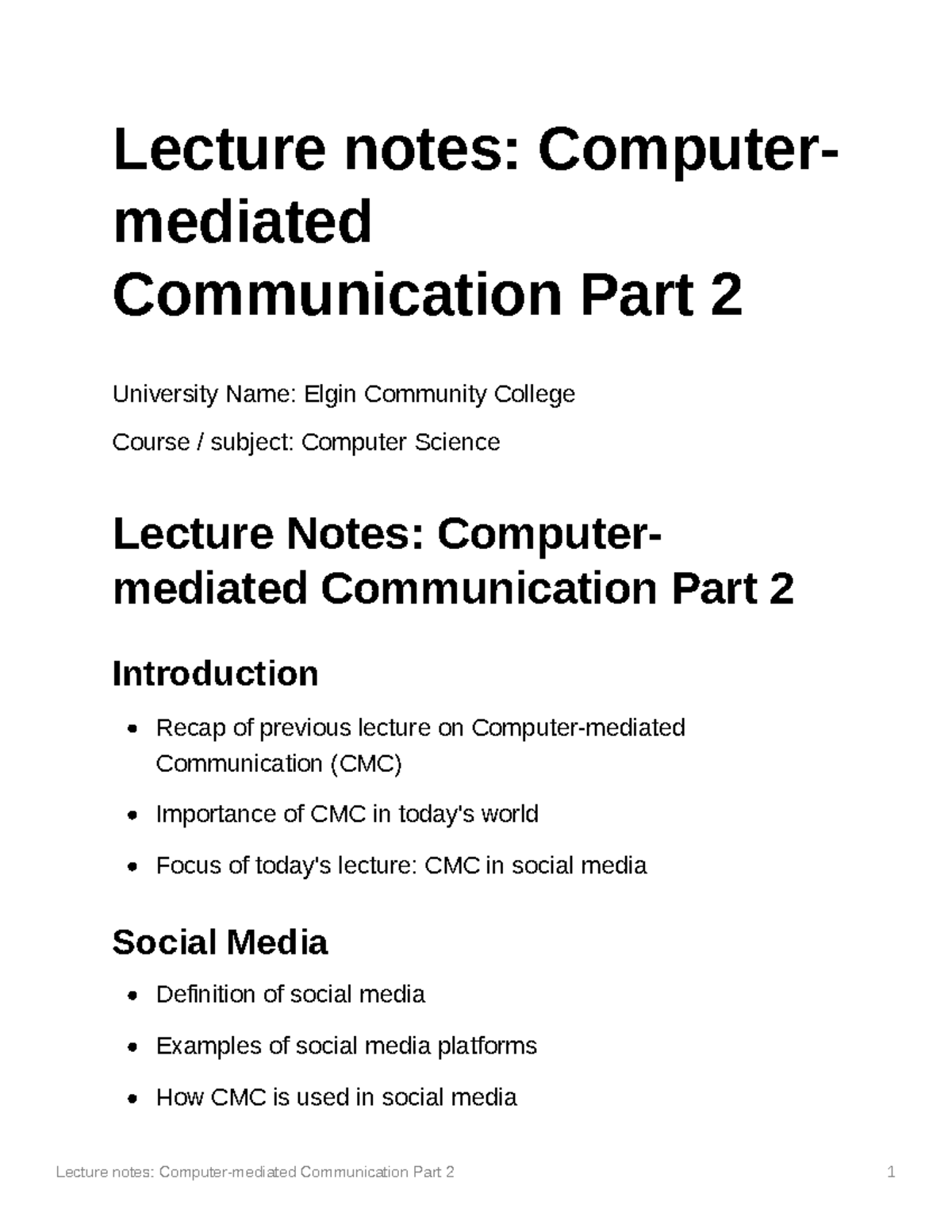 Lecture Notes Computer Mediated Communication Part 2 Lecture Notes