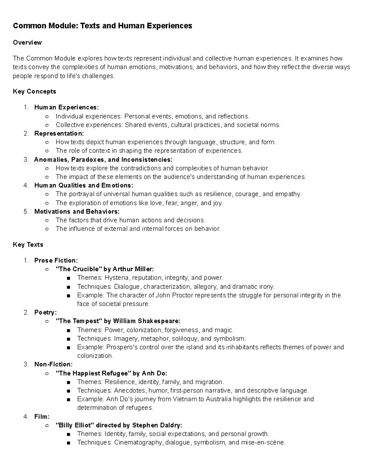 Common Module Texts and Human Experiences Notes - Common Module: Texts ...