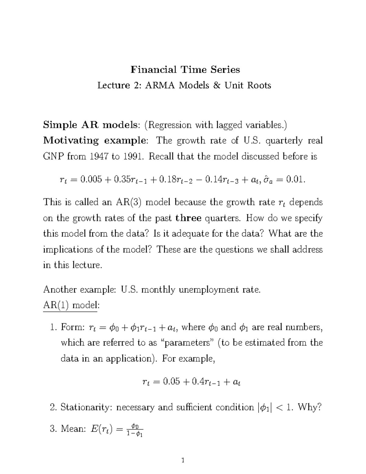 Lec2 - Chap3a-2023 - Financial Time Series Lecture 2: ARMA Models ...