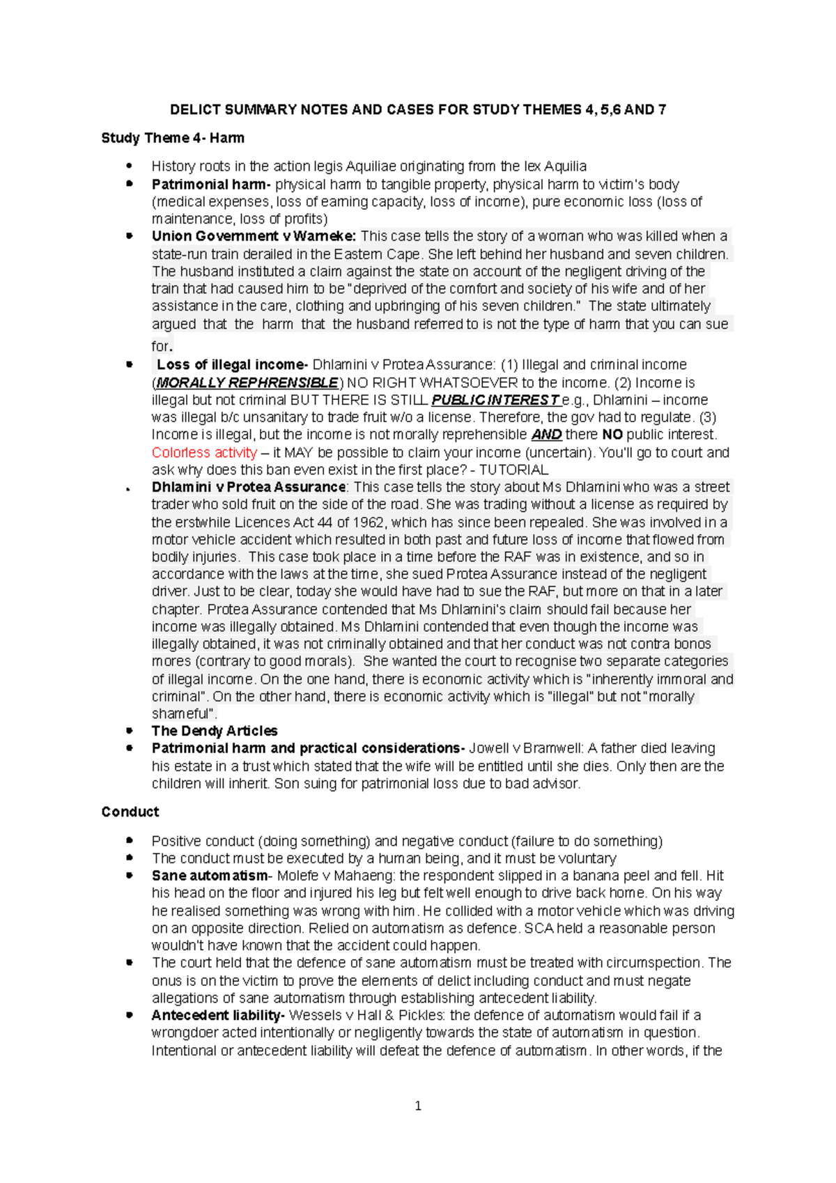 Delict Notes - DELICT SUMMARY NOTES AND CASES FOR STUDY THEMES 4, 5,6 ...