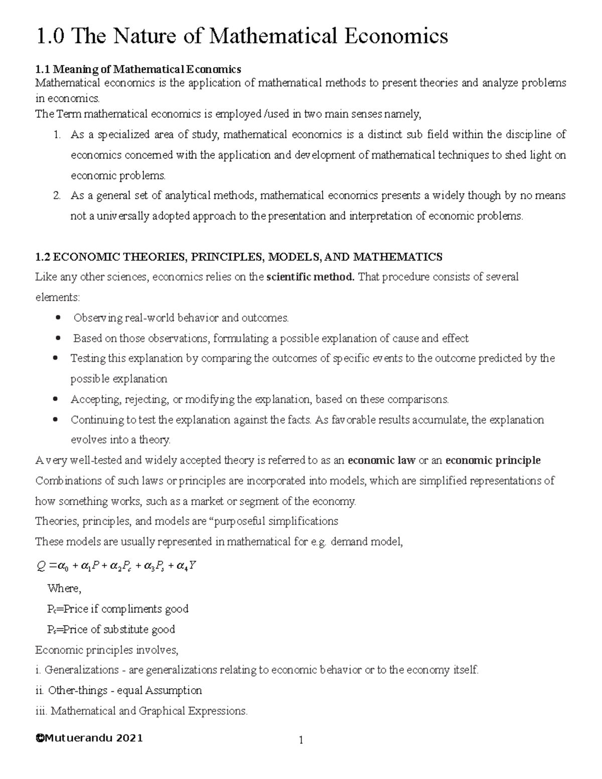ECON 130 Topic 1 Handout - 1 The Nature of Mathematical Economics 1 ...