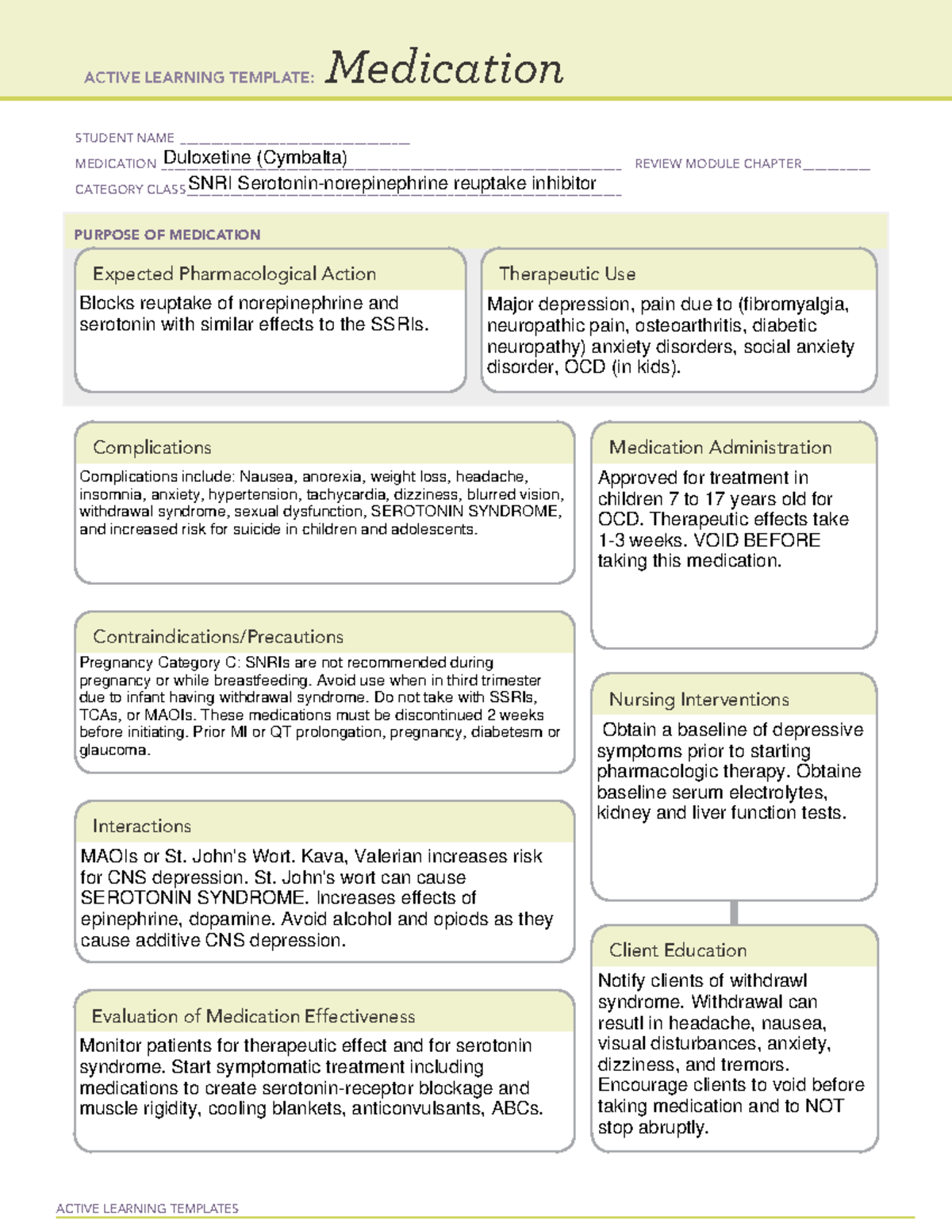 Duloxetine (Cymbalta) Drug Card - NUR 432 - SHSU - Studocu