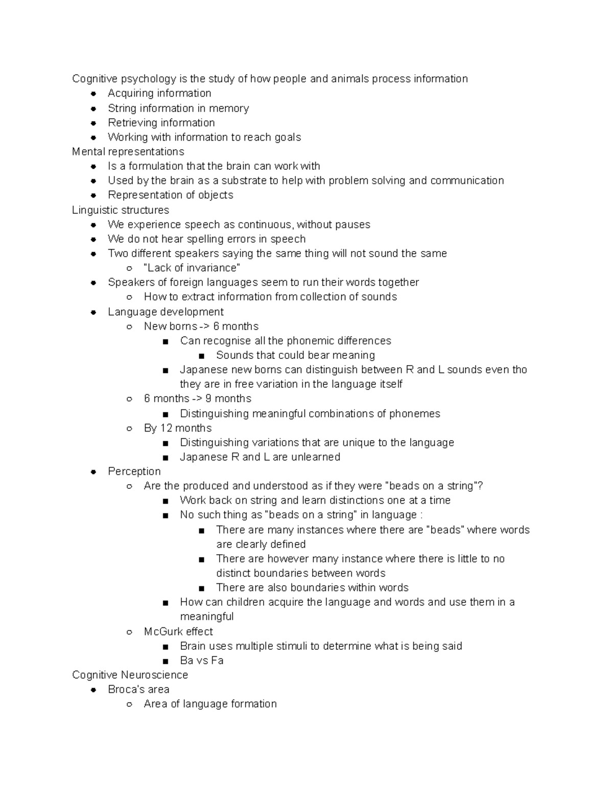 Cognitive Psychology Bullet Pointed Key Concepts 2020 2021 - Cognitive psychology is the study ...