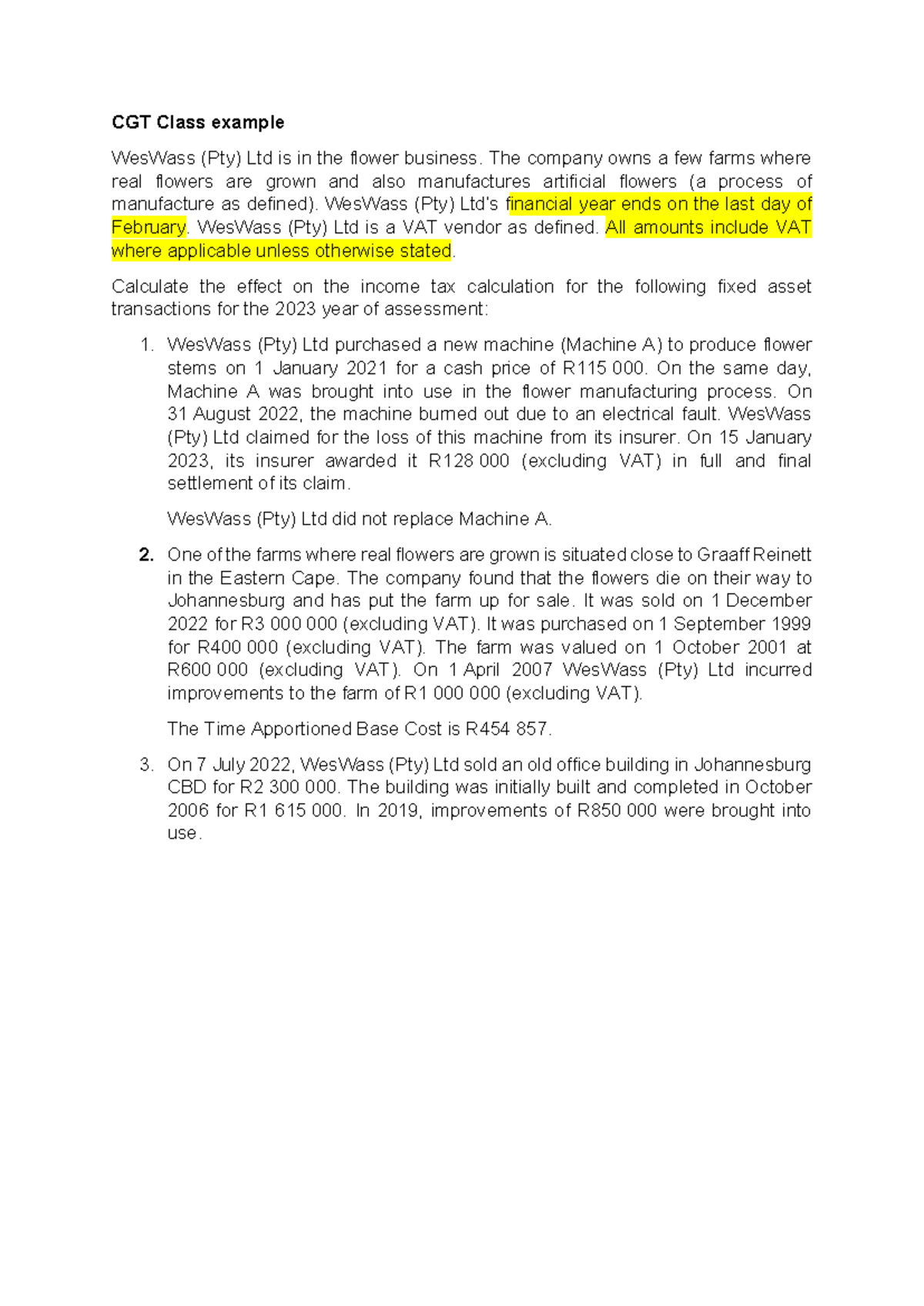 Tax200 Capital Gains Tax Class Example: Questions on CGT For Practice - CGT Class example ...