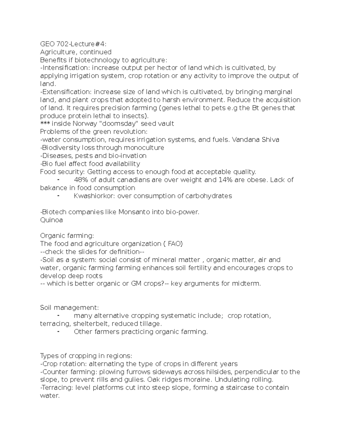 GEO 702 Lecture 4 Notes - GEO 702-Lecture#4: Agriculture, continued ...