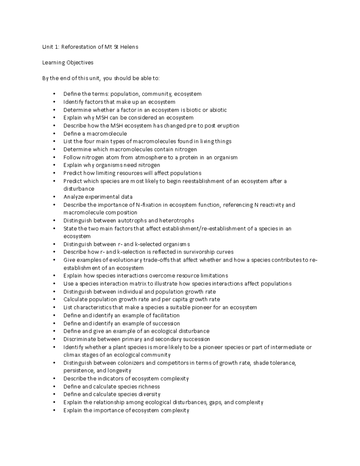 Unit 1 MSH Learning Objectives - Unit 1: Reforestation of Mt St Helens ...