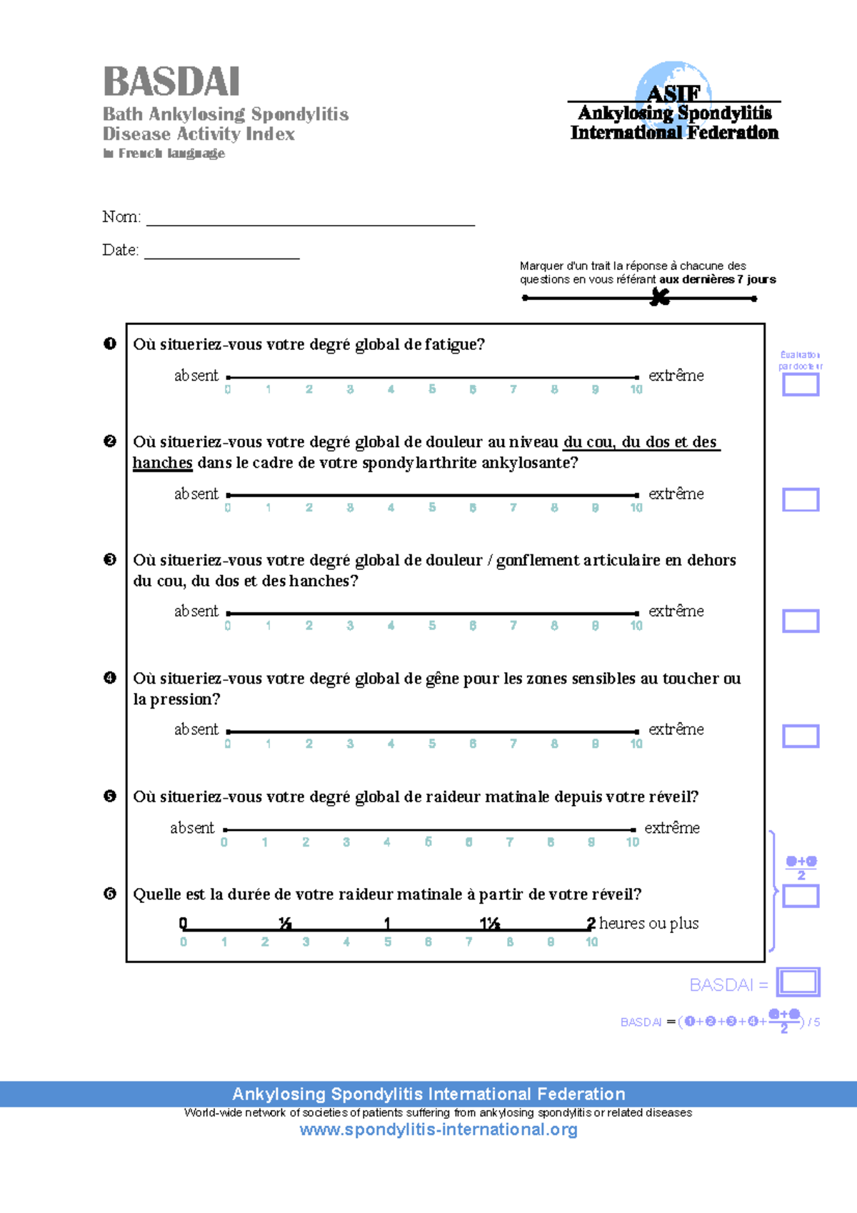 Basdai-f - indice SPA - Ankylosing Spondylitis International Federation ...