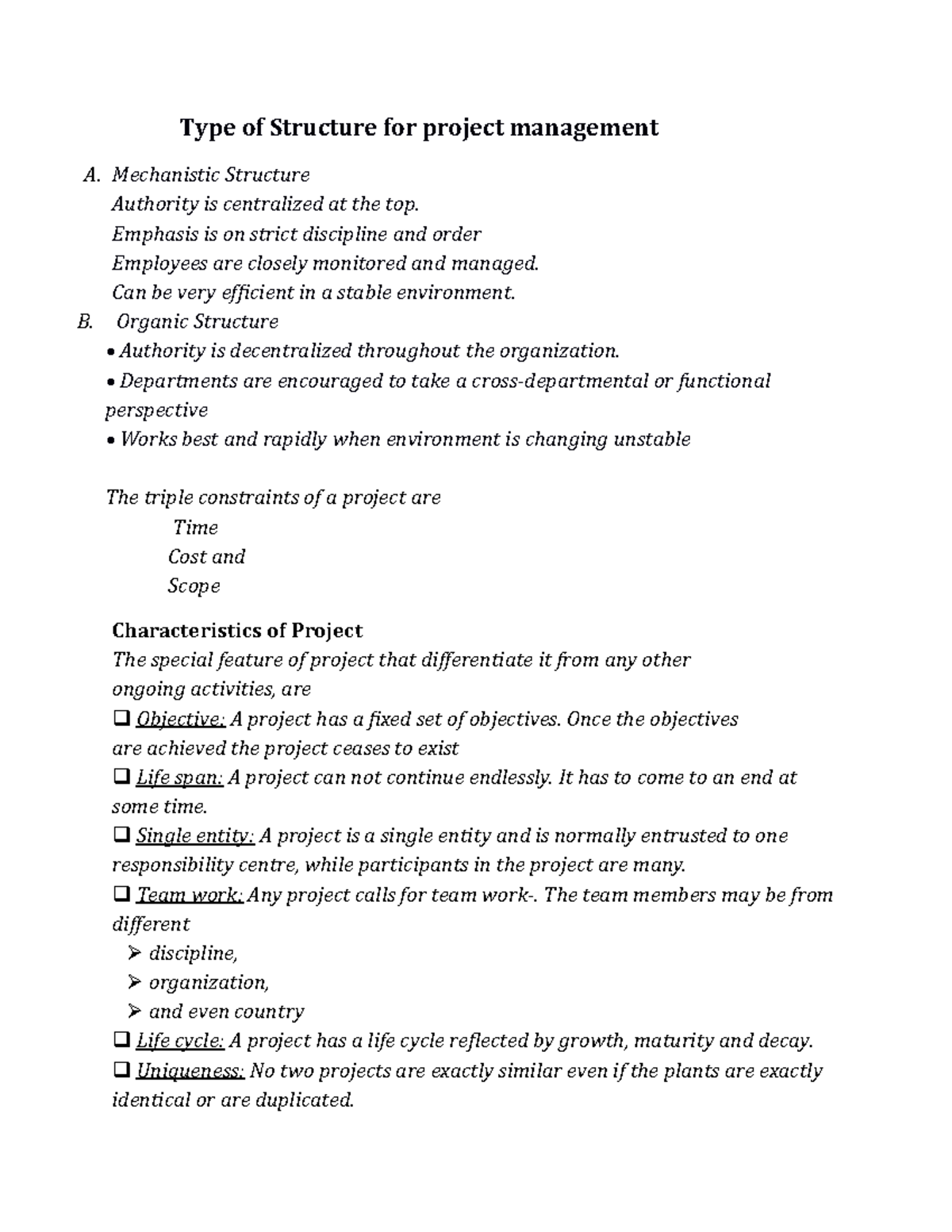 Selected notes of ppm - Type of Structure for project management A ...