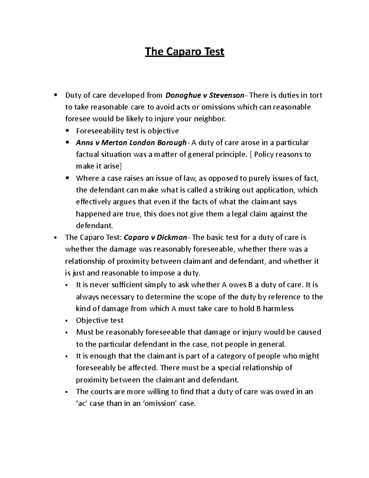 The Caparo Test - Summary Tort Law - Tort Law - The Caparo Duty of care ...