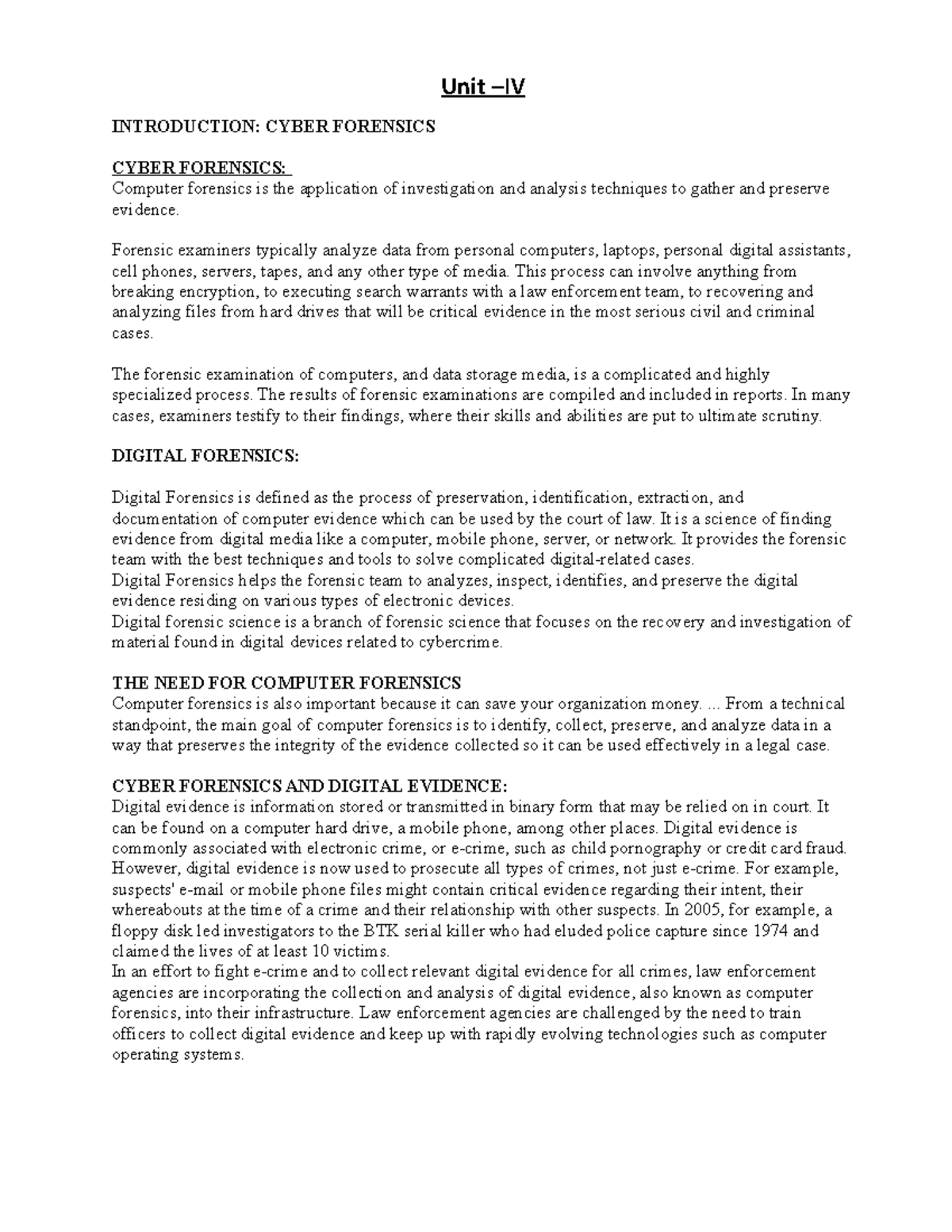 Unit - 4 - notes - Unit –IV INTRODUCTION: CYBER FORENSICS CYBER ...