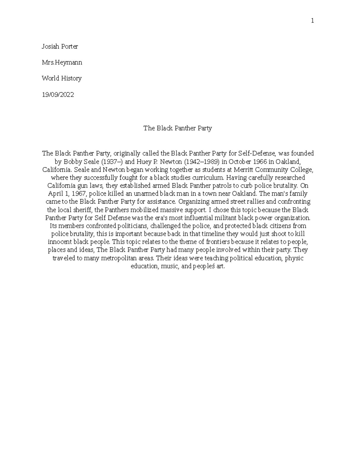 NHD Introduction Paper - 1 Josiah Porter Mrs World History 19/09/ The ...